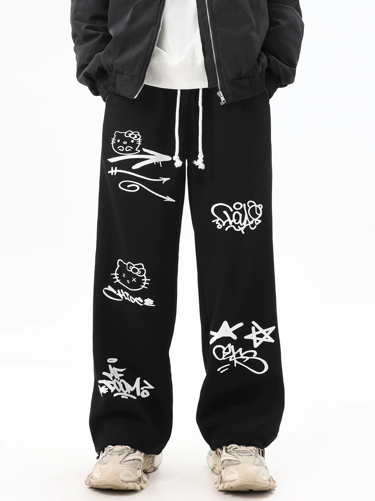 Hellokitty Drawstring High Waisted Wide Leg Long Pants Casual Sweatpan